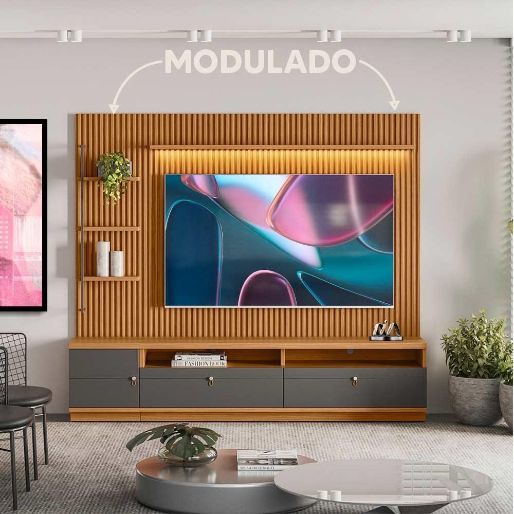 Rack Com Painel Ripado Modulado Para TV Até 75 Polegadas Nature Chumbo ...
