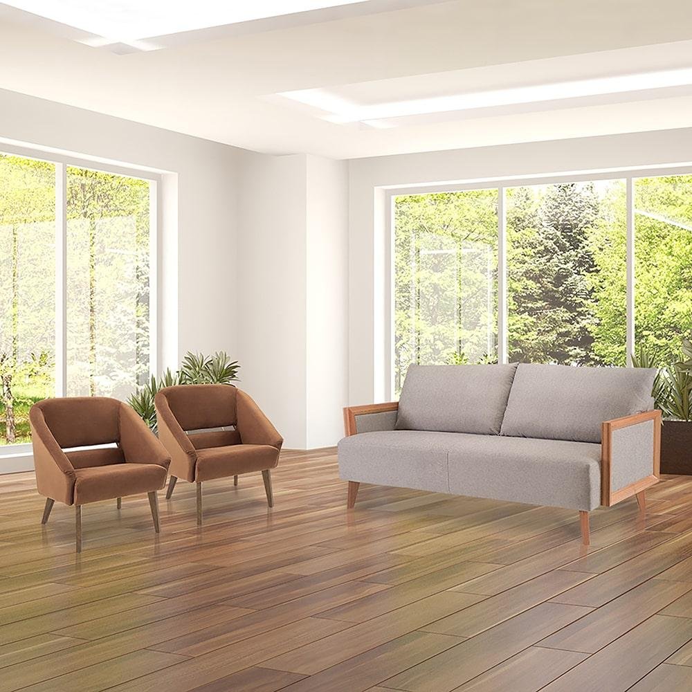 Conjunto Sofá e 2 Poltronas Herval Town, Cinza e Laranja | MadeiraMadeira