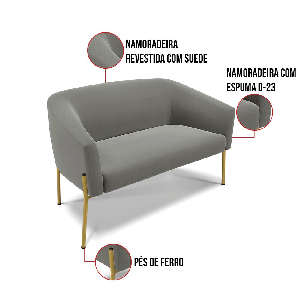 Sofá Namoradeira e Poltrona Pé de Ferro Dourado Stella Suede Grafite ...