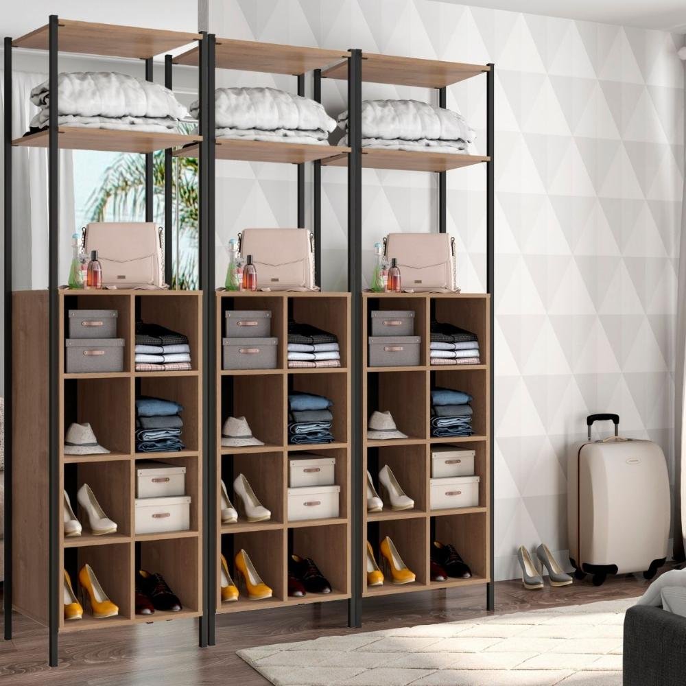 Kit 3 Closet Modular Guarda-Roupa com Pratileira e Nichos Preto/ Marrom ...