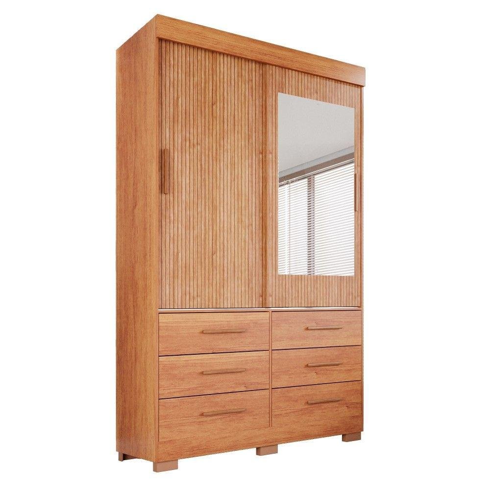 Guarda Roupa 2 Portas 6 Gavetas Mdp Pés e Espelho Cinamomo | MadeiraMadeira