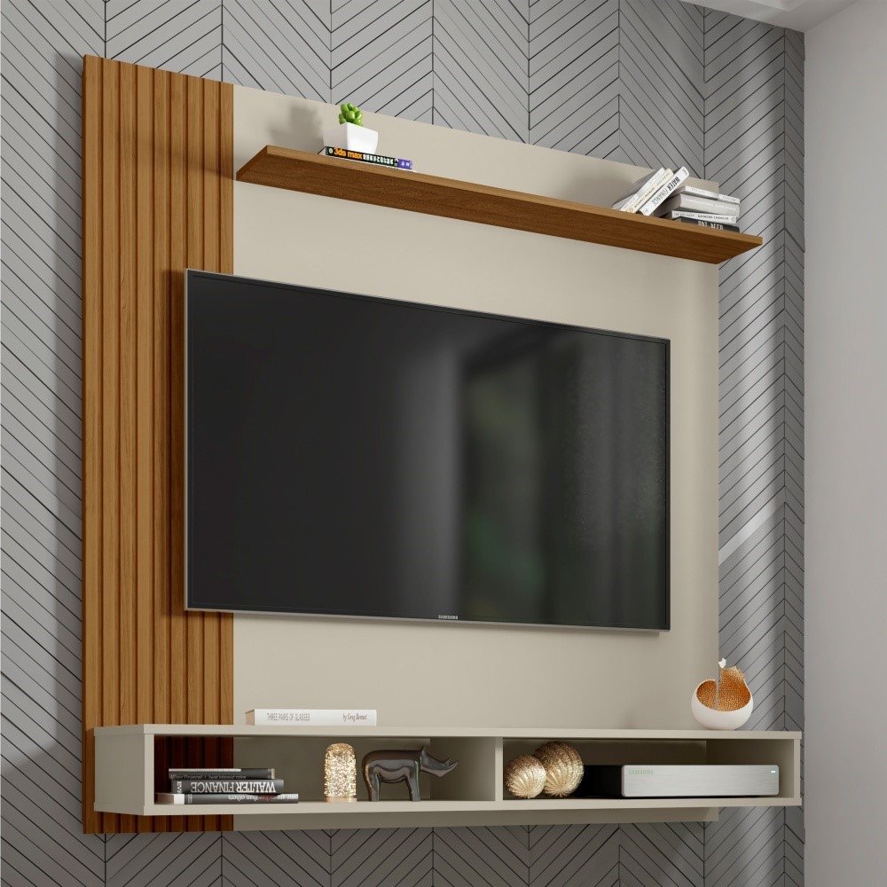 Painel para TV Robertie Off White Cinamomo Efeito Ripado | MadeiraMadeira
