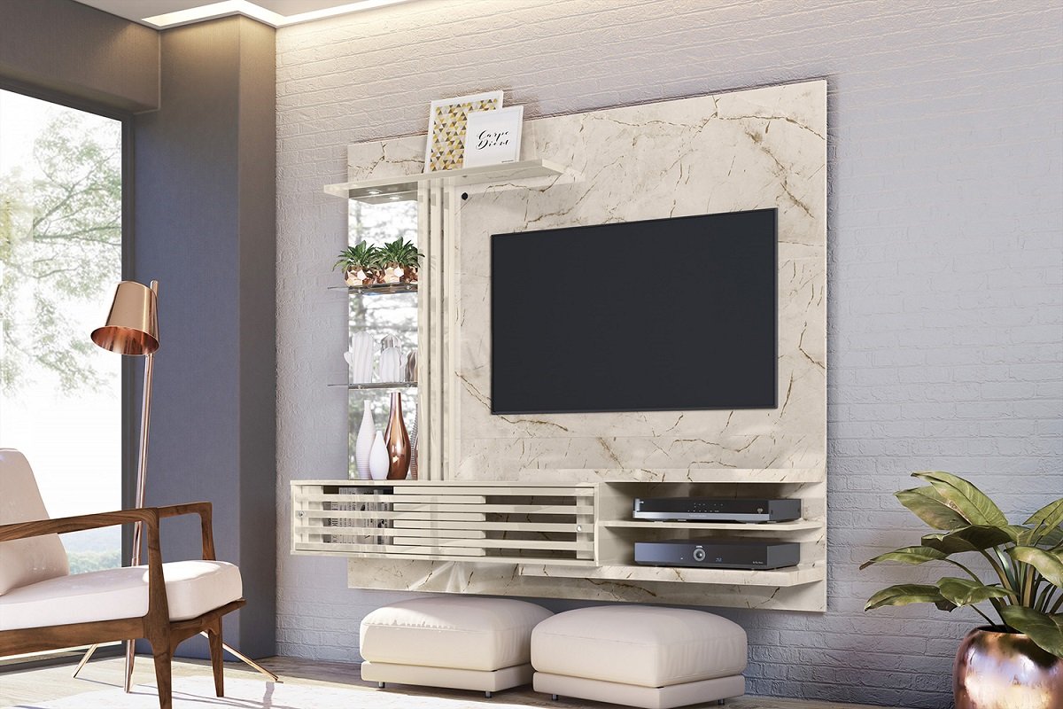 Painel Suspensa Com Bancada Para Tv Até 55'' Led Espelho 2 Portas Frizz ...