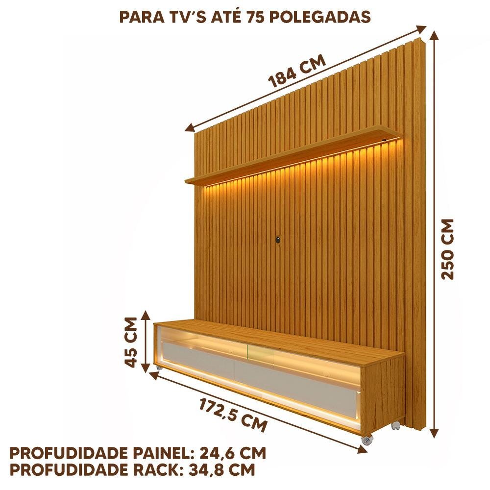 Painel Ripado com Rack com Rodízios para Sala 75 Polegadas Naturale Off ...