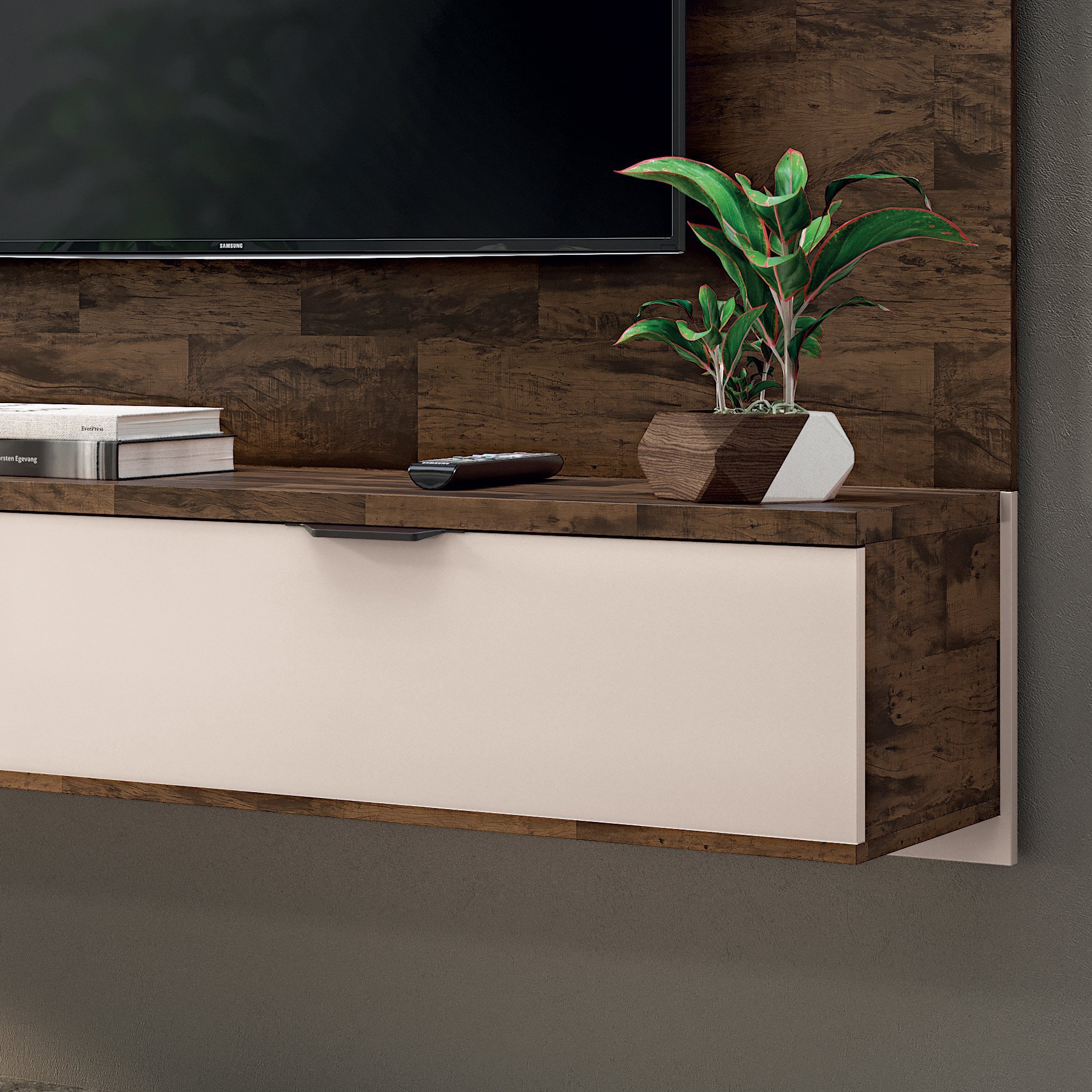 Painel Suspenso 1,60m Grid para TV 50" Cor Deck e Off White HB Móveis ...