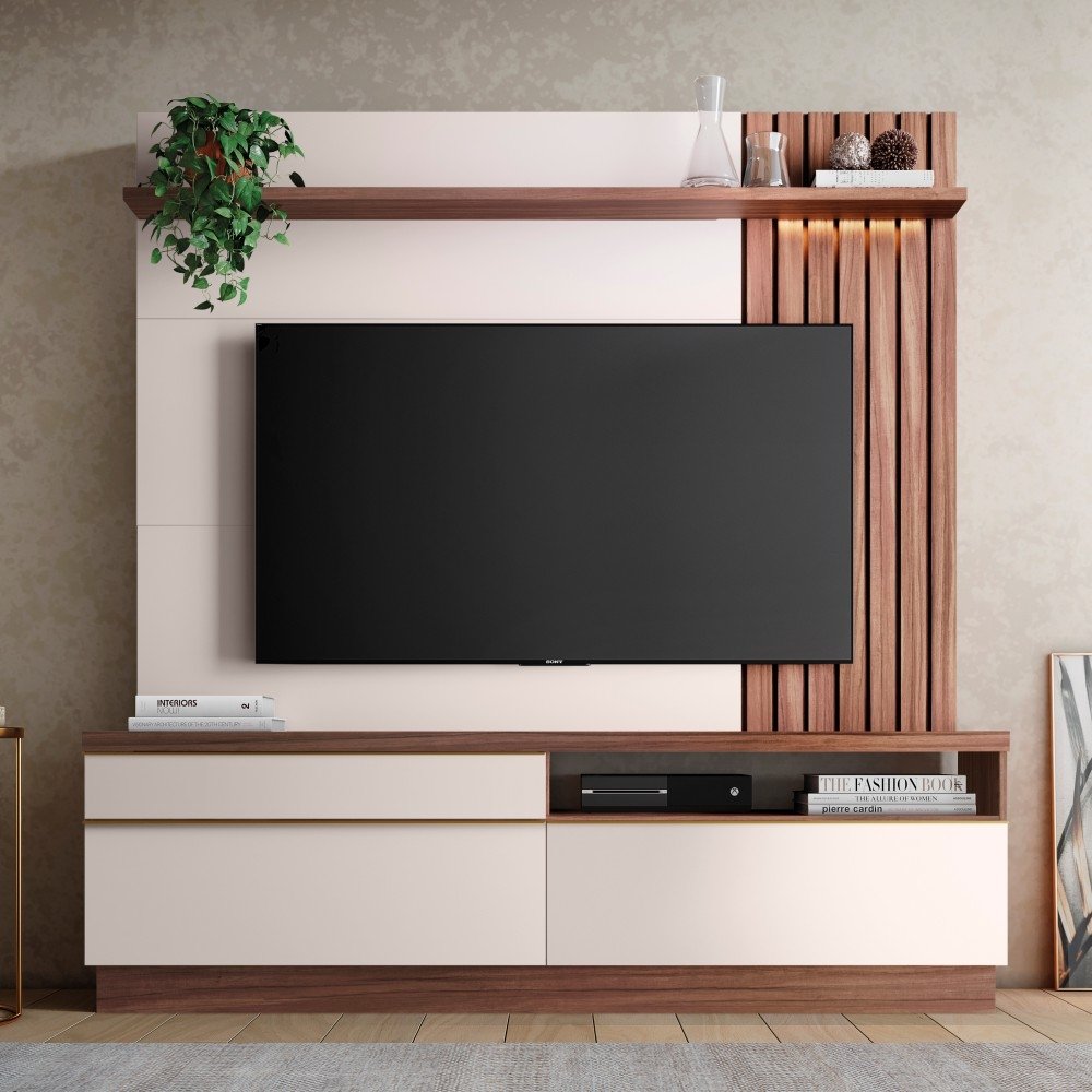 Home para TV Ripado com LED Cameron Nogueira Off White | MadeiraMadeira