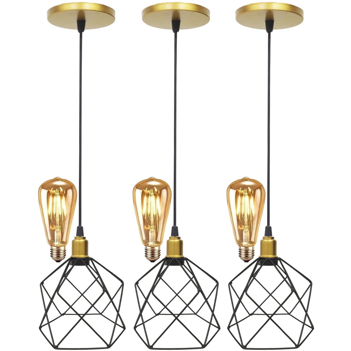 3 Pendentes Aramado Cálice Luminária Lustre Retrô Balcão Preto Dourado ...