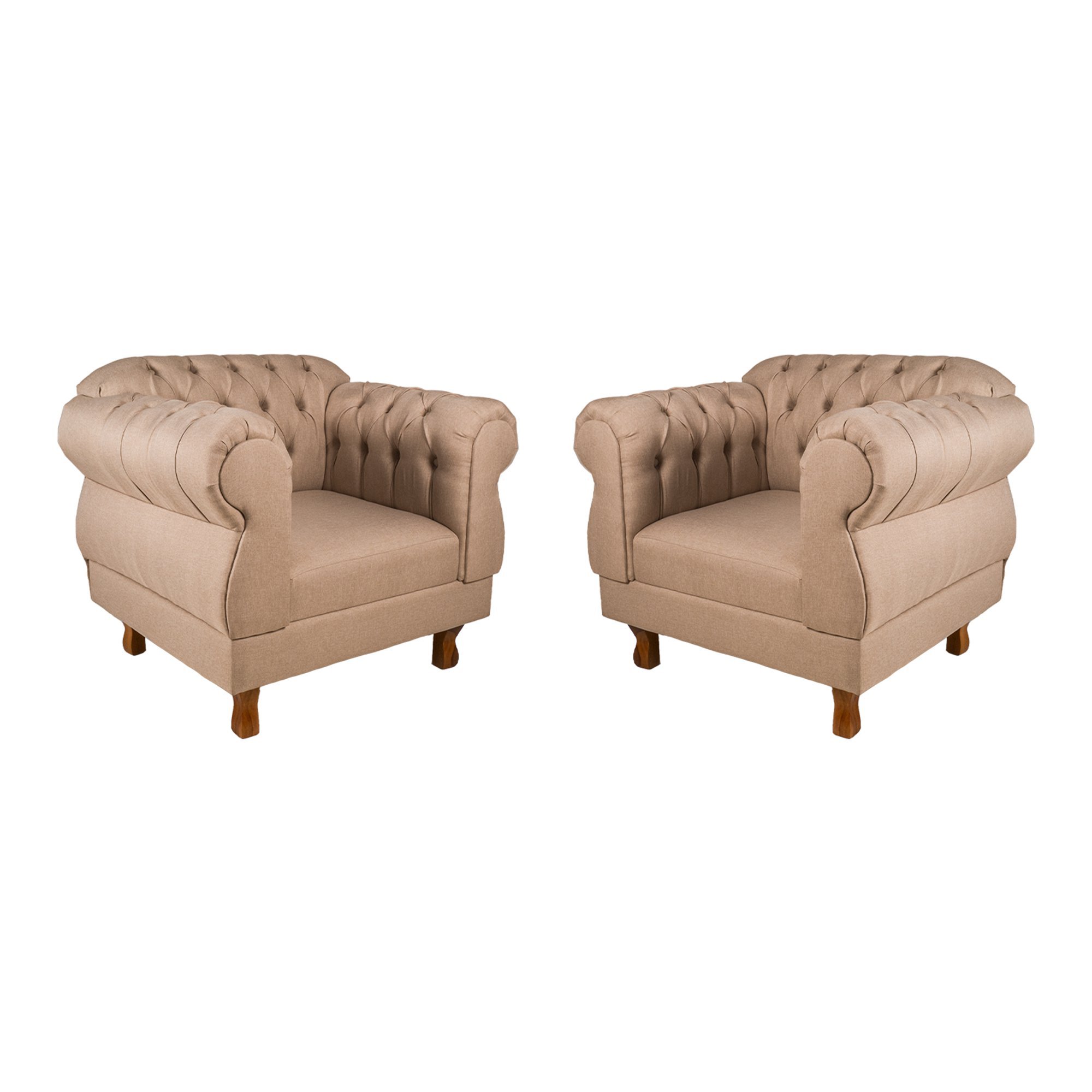 Conjunto 1 Sofá 2,00cm + 2 Poltronas Chesterfield Elisabeth Linho Bege | MadeiraMadeira