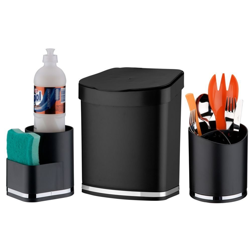 Kit Porta Detergente/Esponja C/ Escorredor Talheres Lixeira - Preto ...