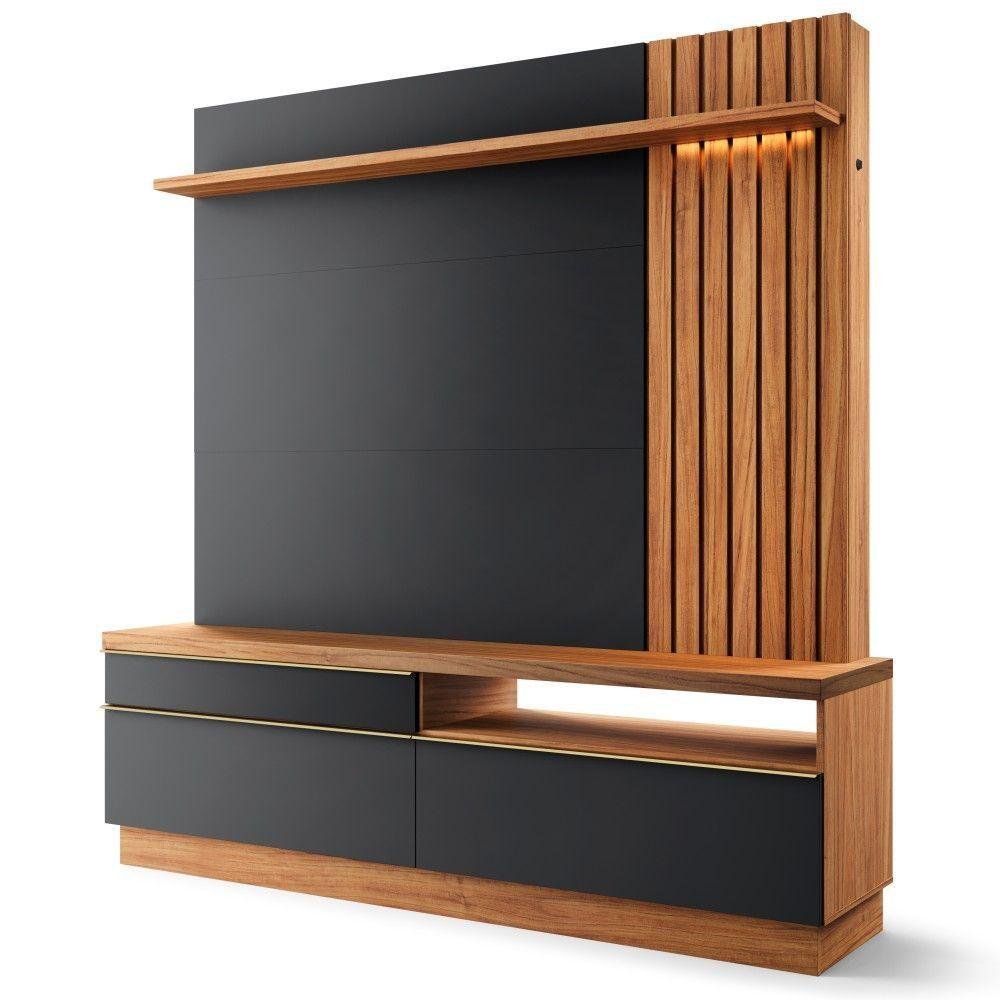 Home Para Tv Ripado Com Led Cameron Noce Preto | MadeiraMadeira