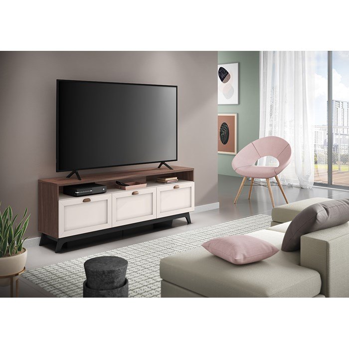 Rack para TV 70 Polegadas Olinda Nogueira Real Off White Preto CLB | MadeiraMadeira