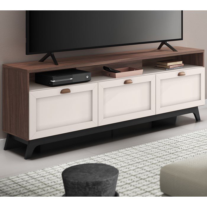 Rack para TV 70 Polegadas Olinda Nogueira Real Off White Preto CLB | MadeiraMadeira