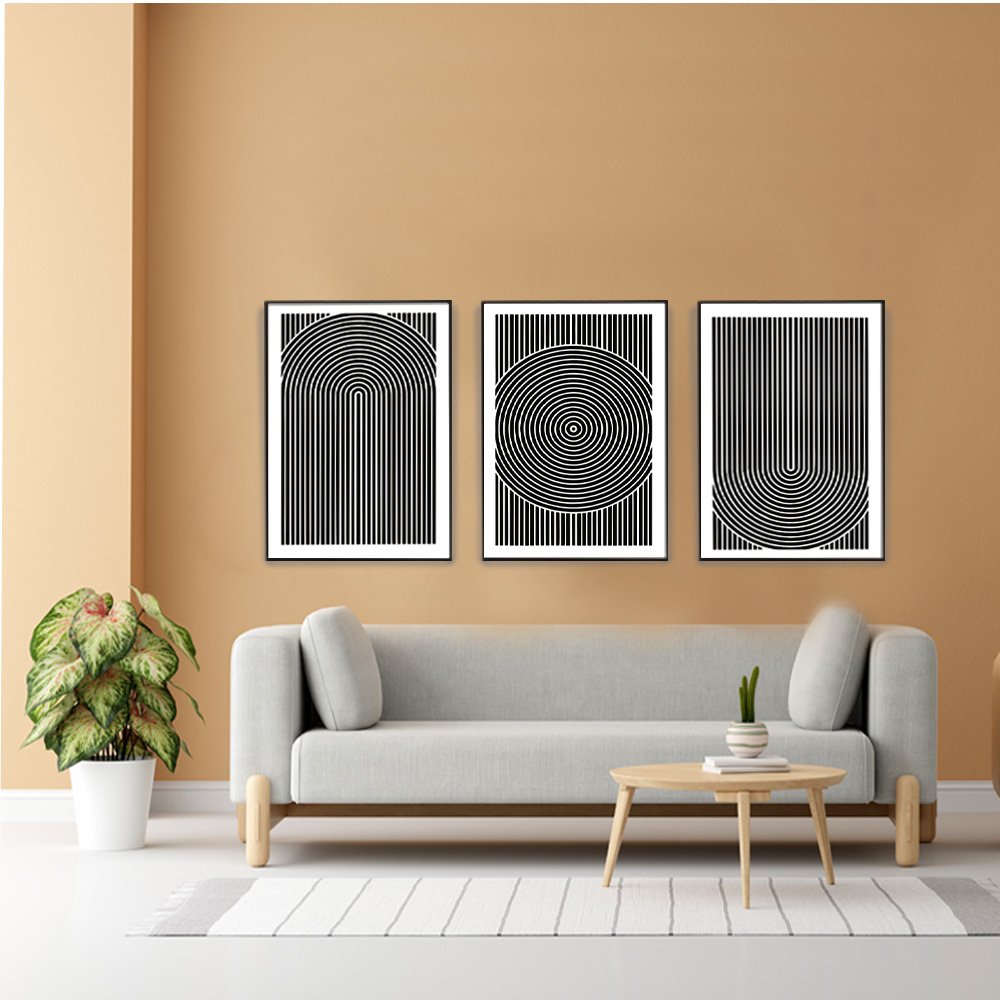 Quadro Decorativo Geométrico Linhas Curvas em 3 Telas com Moldura ...