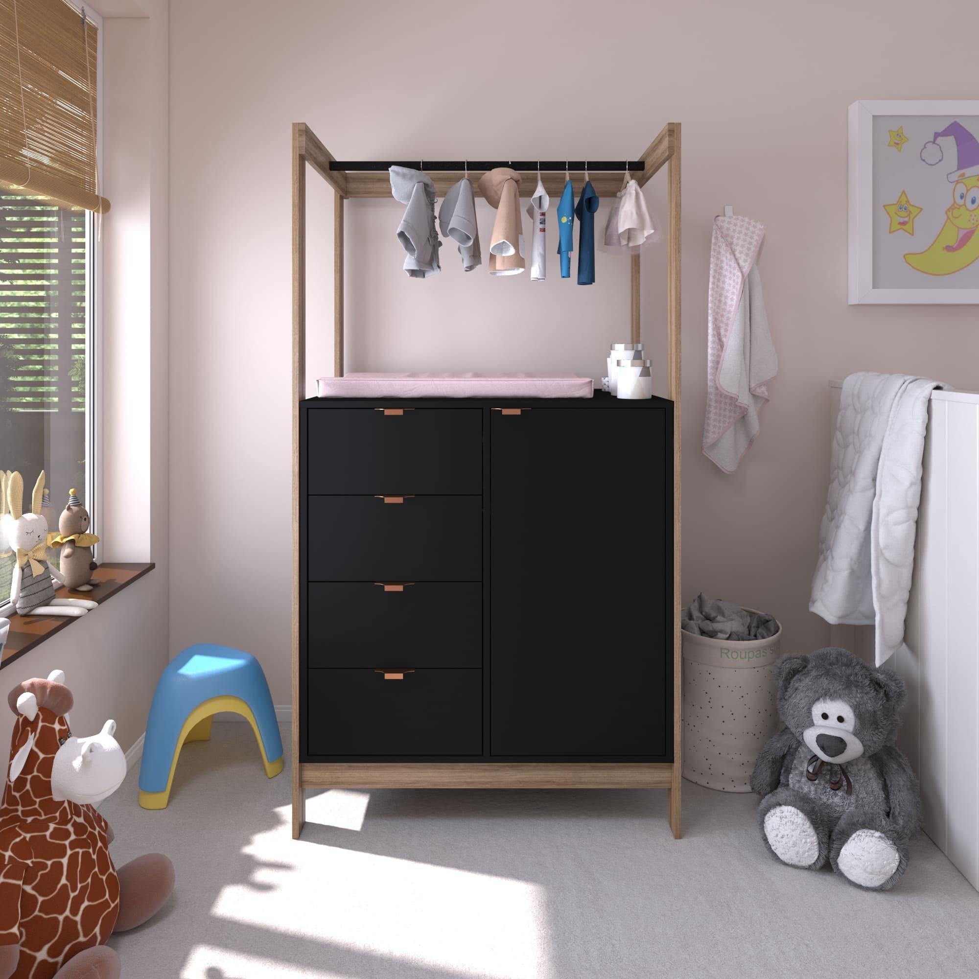 Cômoda De Bebê Fraldário Com Cabideiro E Gavetas Guarda Roupa Infantil ...