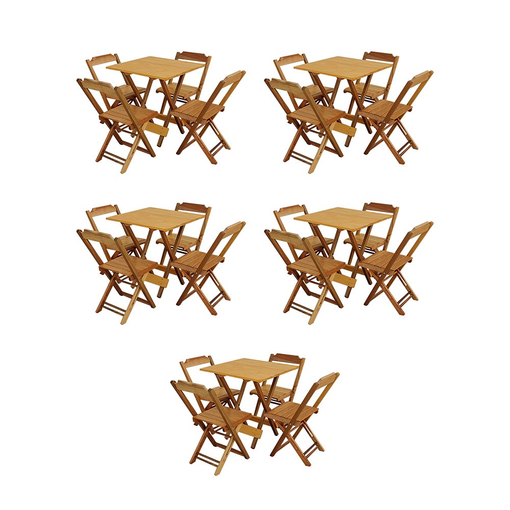 Kit 5 Jogos de Mesa com 4 Cadeiras de Madeira Dobravel 70x70 Ideal para Bar e Restaurante - Mel ...