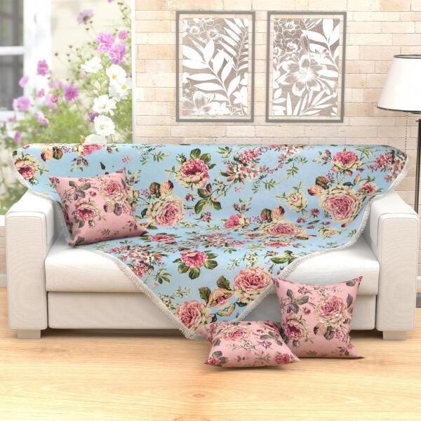 Manta para Decoração de Sala Floral Azul 1,50x1,50 + 3 Almofadas ...