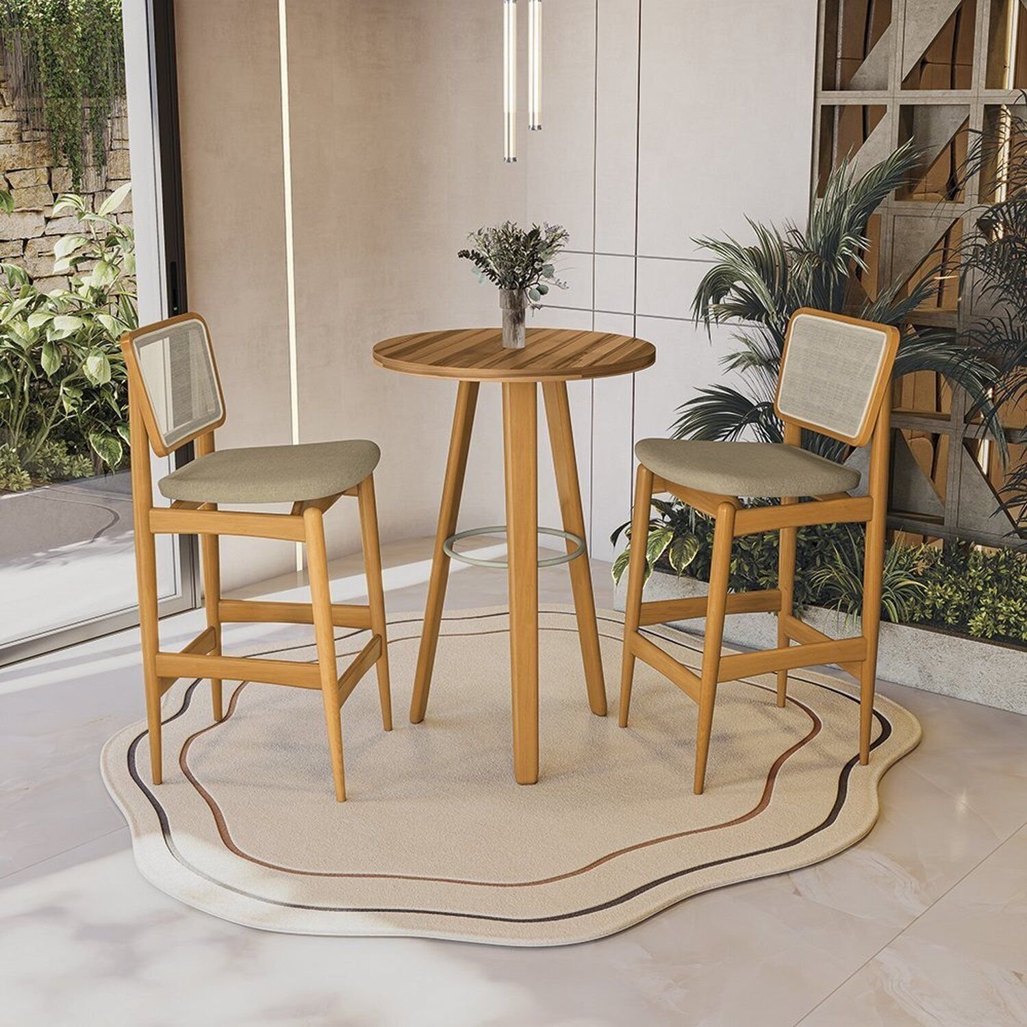 Conjunto Mesa Bistrô e 2 Banquetas em Madeira Maciça Áurea Bege ...