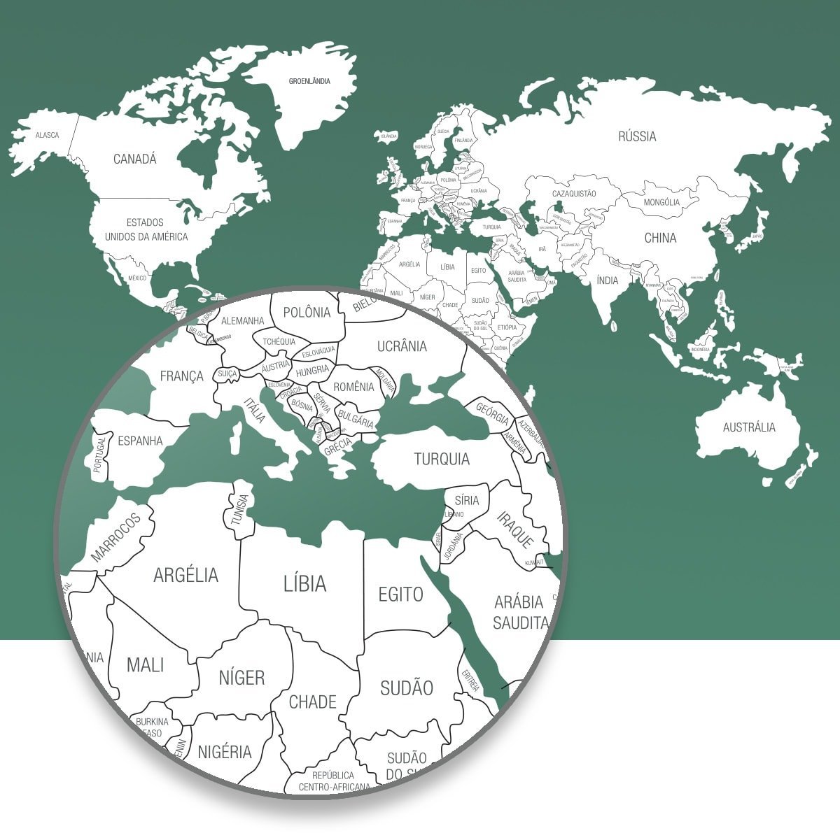 Mapa-Múndi Adesivo com molduras para fotos - Branco com nomes cinza ...