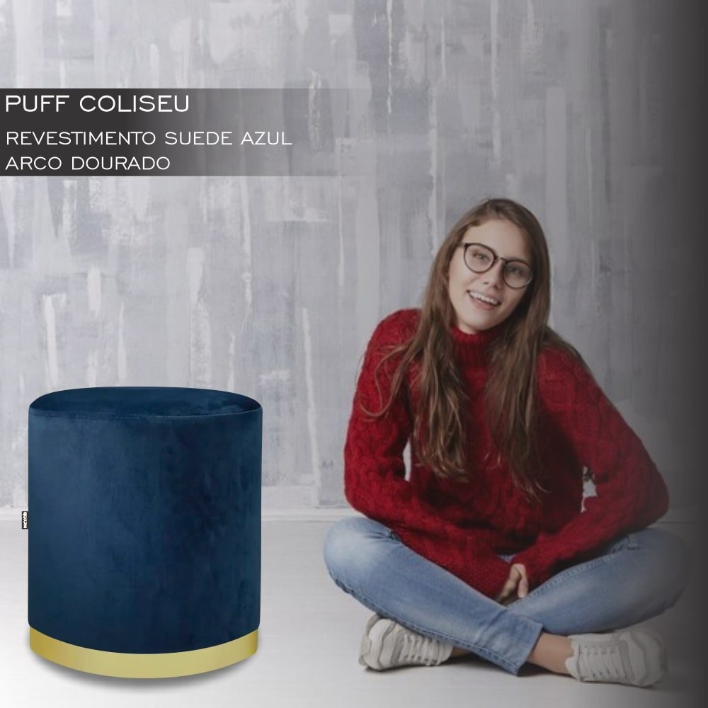 Puff Azul Escuro Cilindro para Sala e Quarto Base Dourada Egmobile Puff ...
