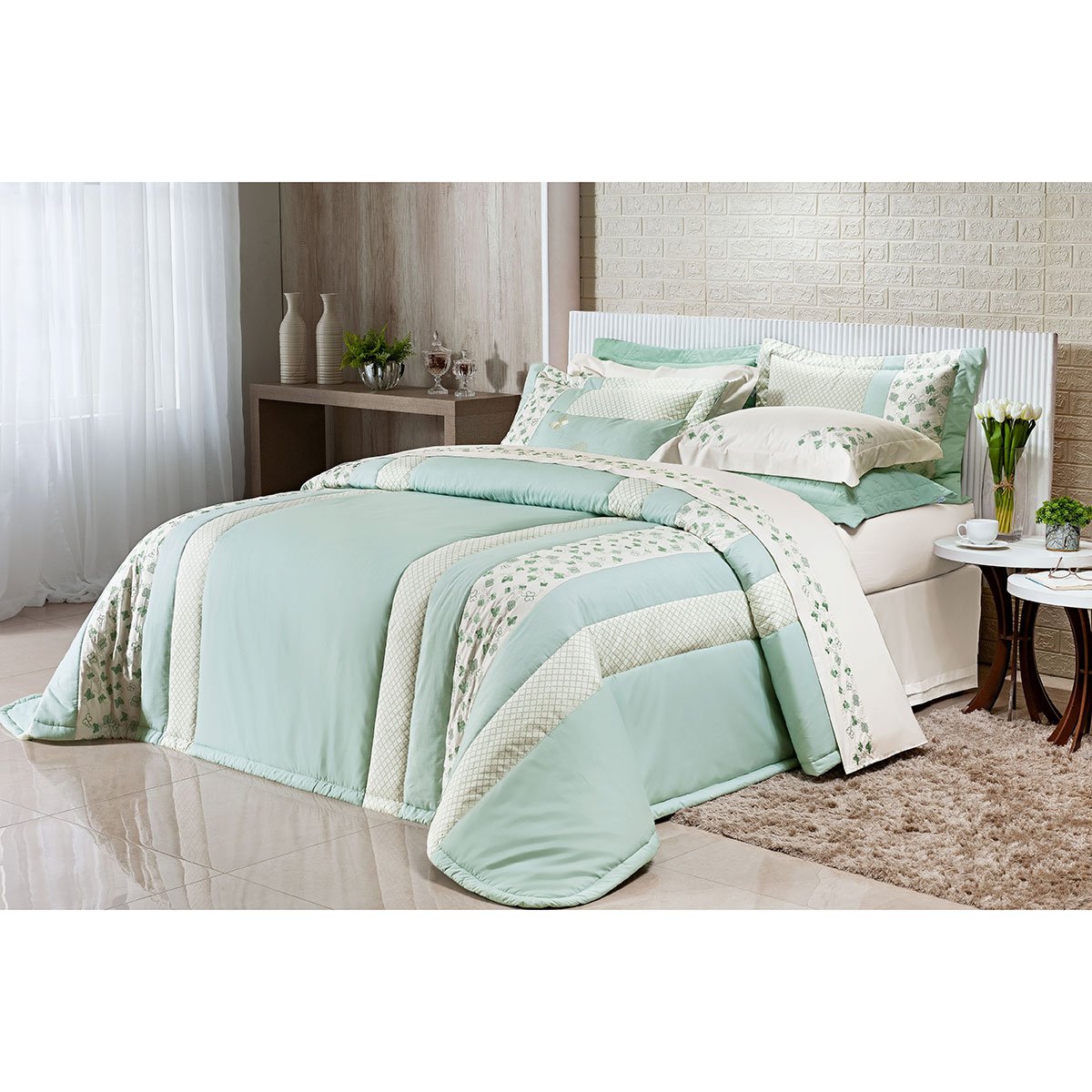 Kit Colcha Verde King Size Clara 200 Fios 100% Algodão 5 Peças 2,80m x ...
