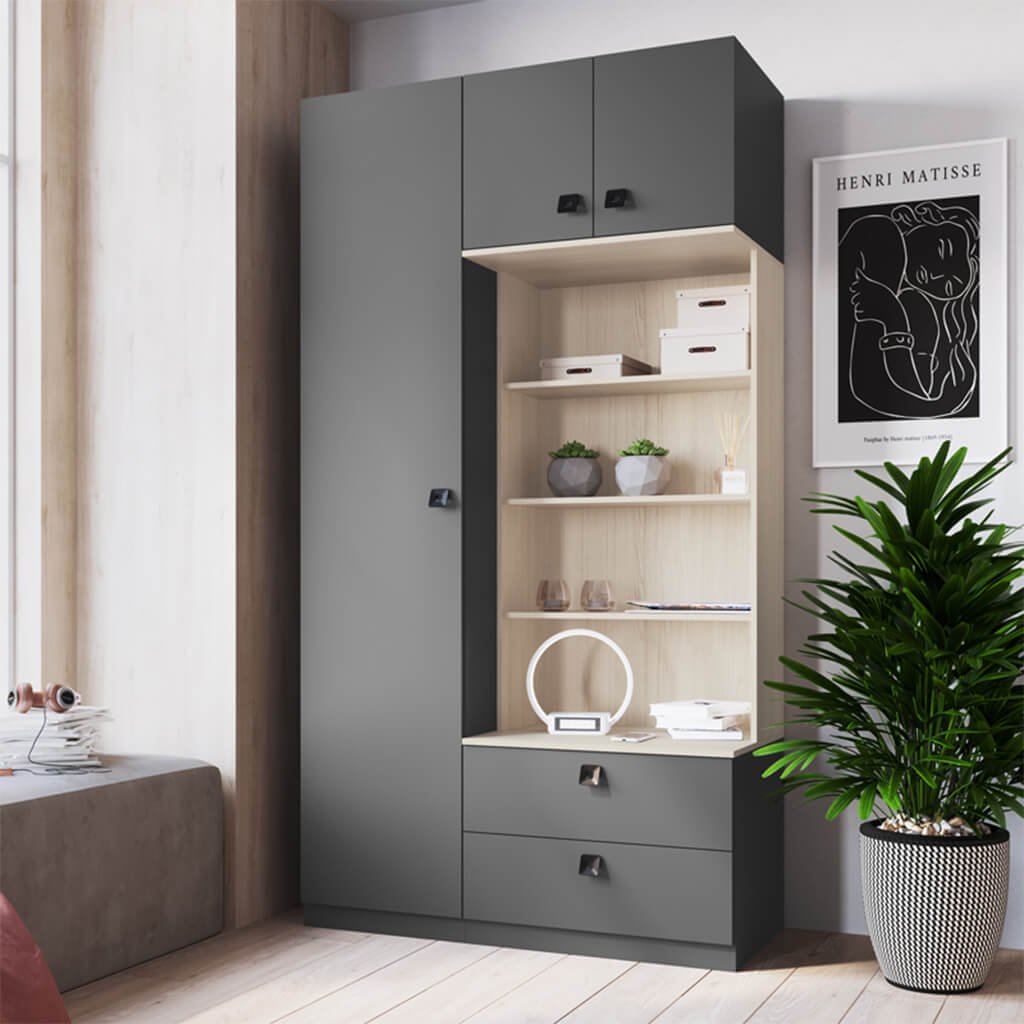 Guarda Roupa 03 Porta 06 Prateleiras Grafite e Nature Lilies Móveis ...