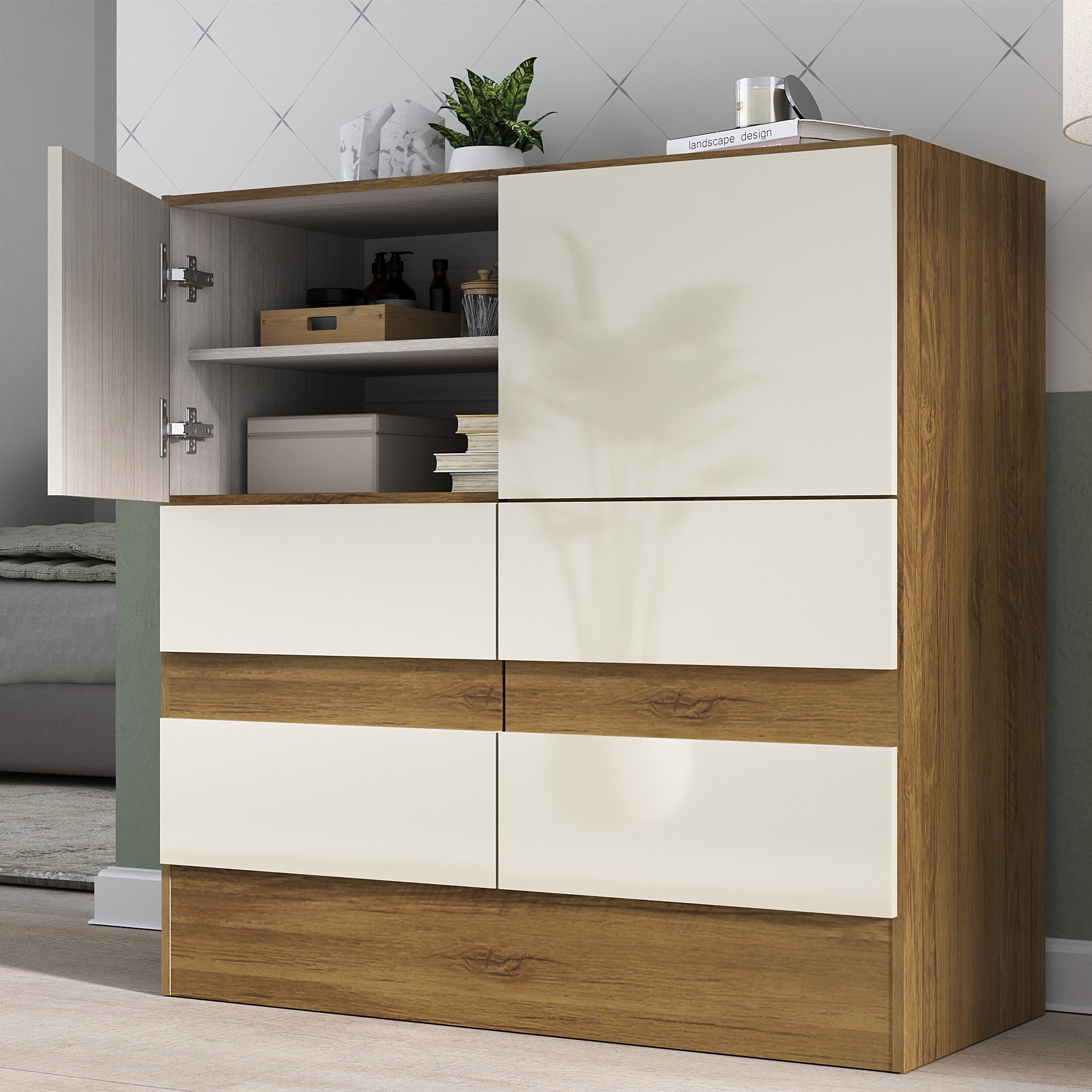 Cômoda Luna 2 Portas 4 Gavetas Nature/off White - Moville | MadeiraMadeira