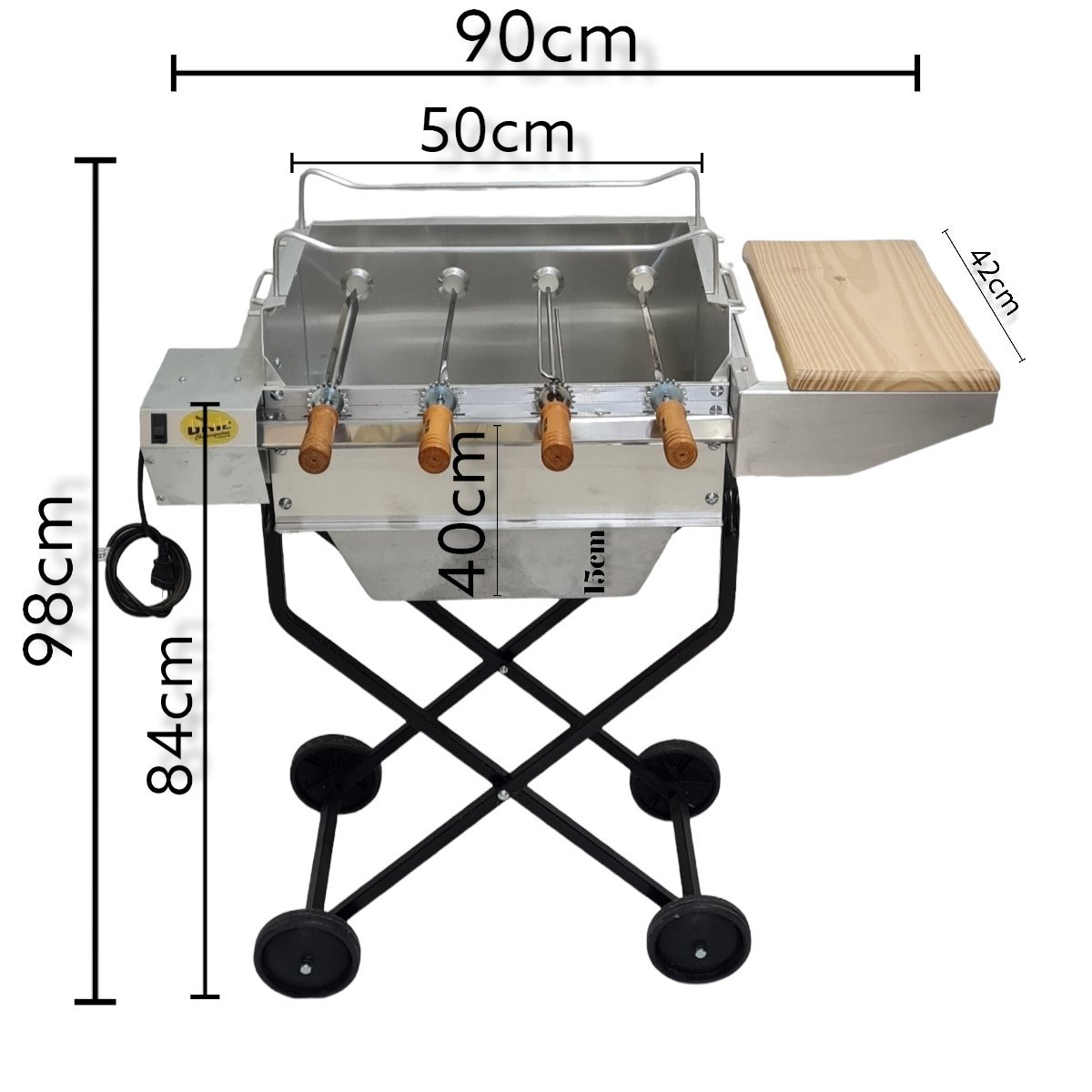 Churrasqueira Portátil G16 Giratória Elétrica 4 Espeto Bojo Alumínio Roda Tabua Carvão Área ...