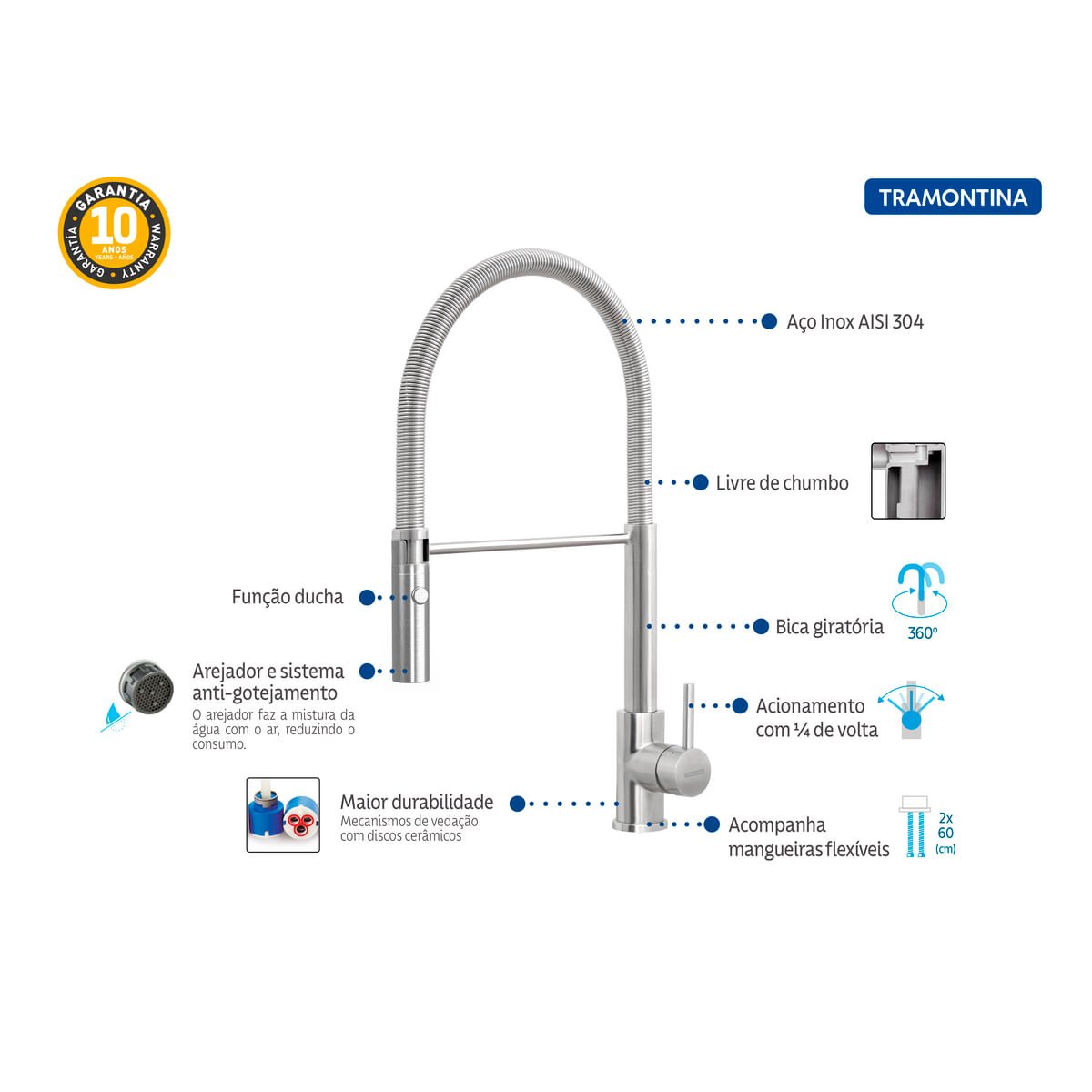 Misturador Monocomando Tramontina Versatile em Aço Inox com Bica Móvel ...