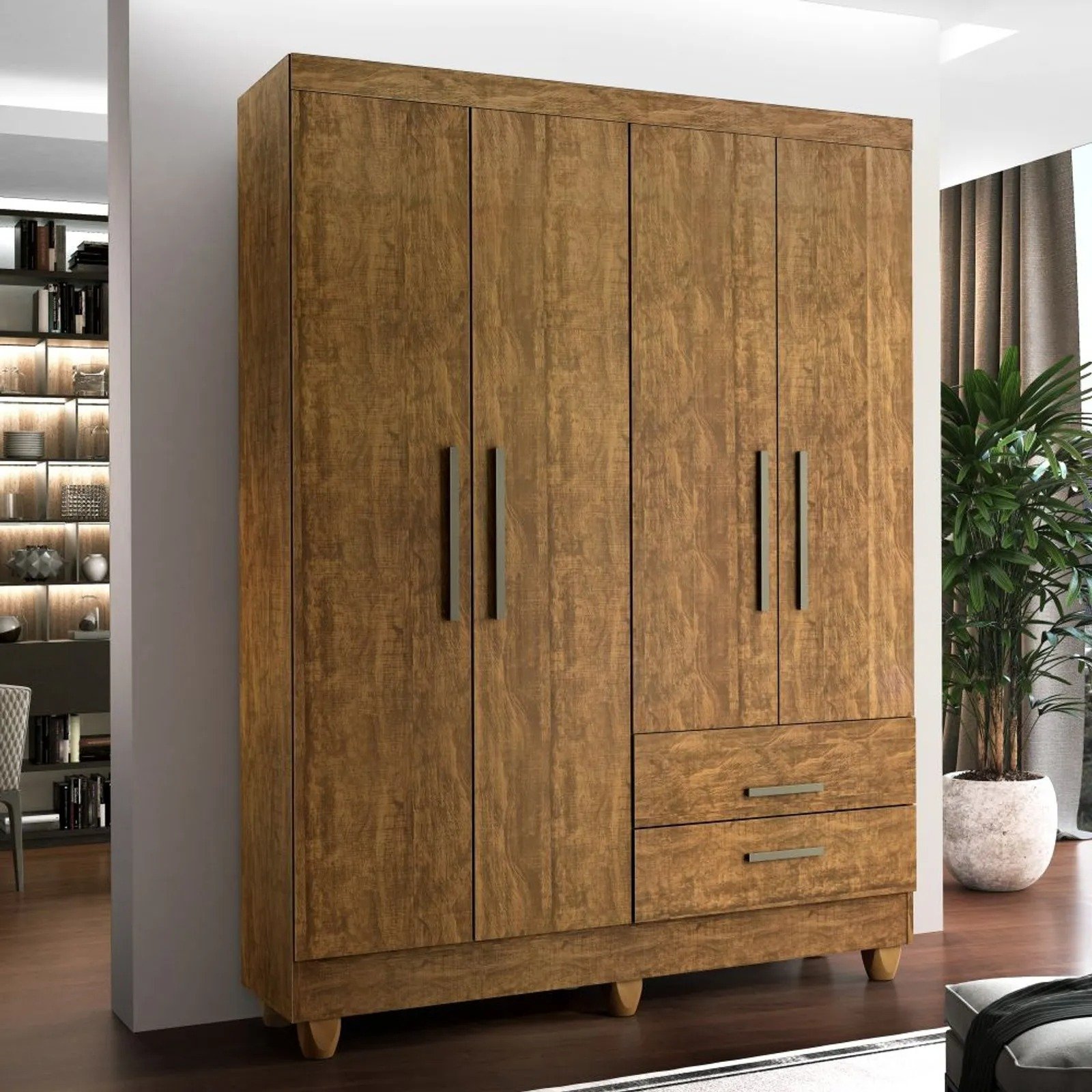 Guarda Roupa Solteiro 1,20m 4 Portas 2 Gavetas Monaco MinasPlac Canela ...