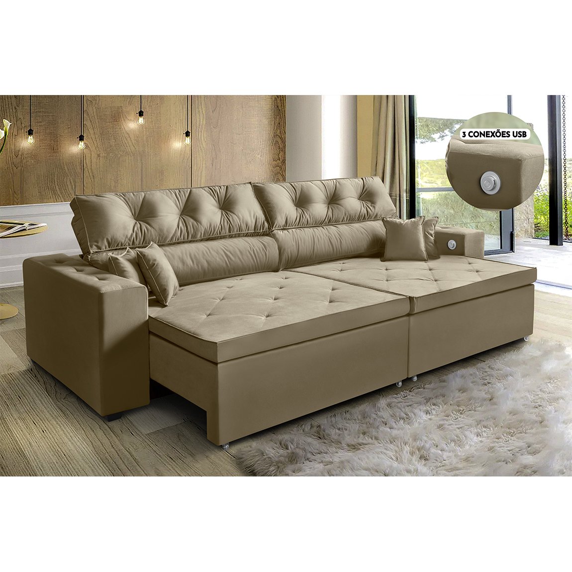 Sofá 3 Lugares Smart Retrátil, Reclinável 2,02m Tecnologia Carregamento ...