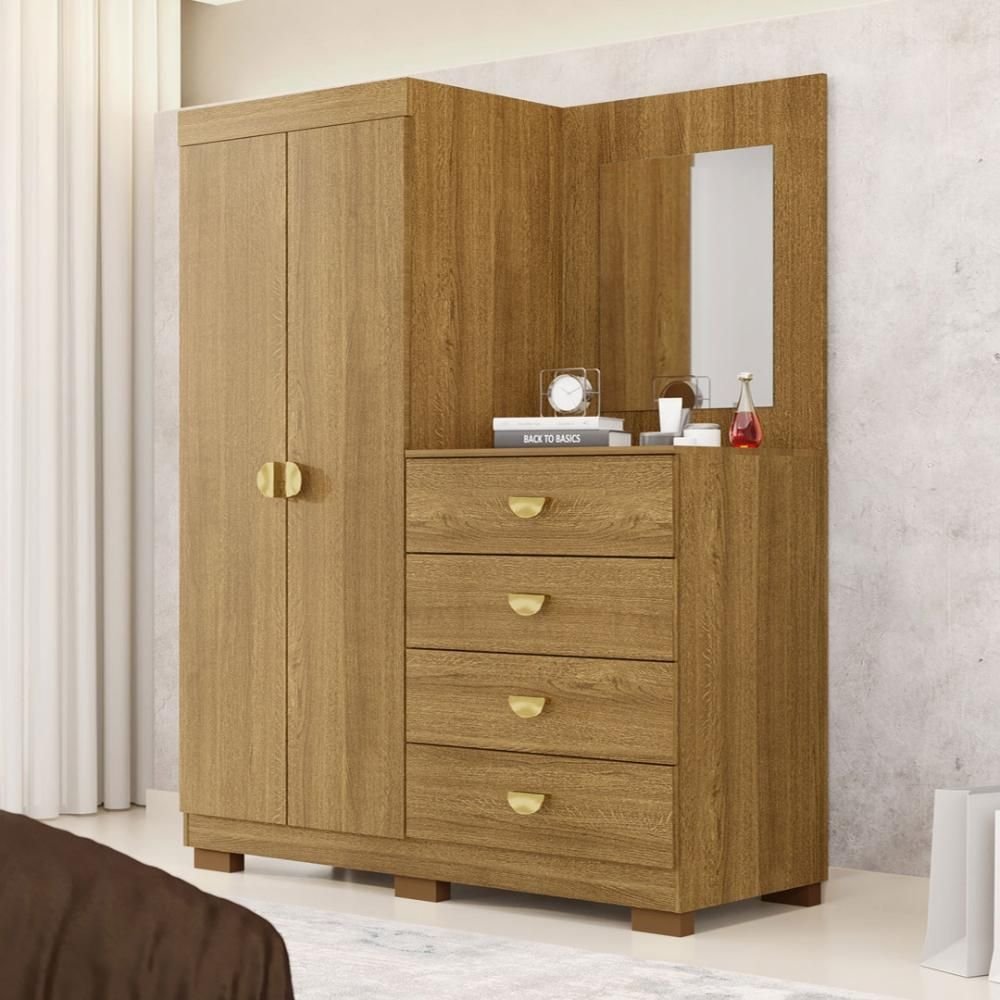 Cômoda Roupeiro com Espelho 2 Portas 4 Gavetas Cristal - Nature | MadeiraMadeira