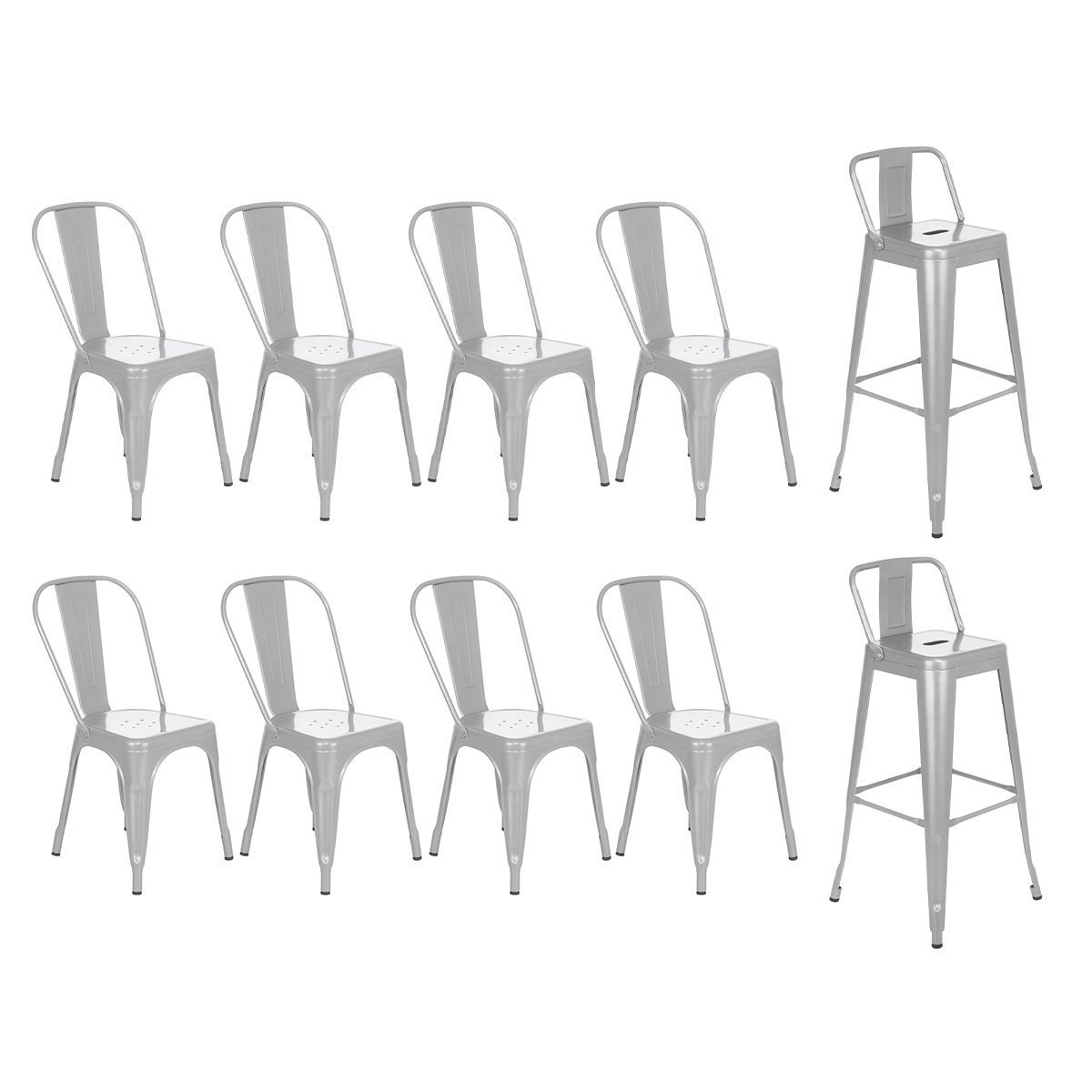 Kit 8 cadeiras + 2 banquetas altas com encosto industrial Loft Vintage Iron Tolix prata ...