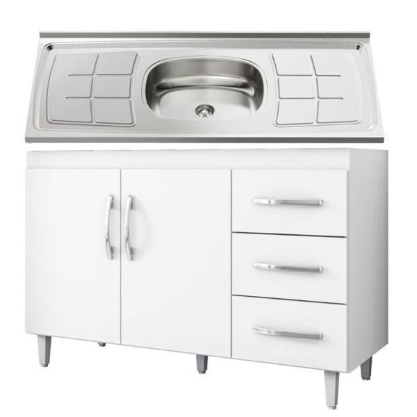 Balcão Gabinete Isabel com Pia Inox 120cm 2 Portas Branco - AJL Móveis ...