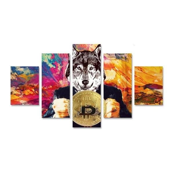 Quadro Lobo Wall Street Criptomoeda Bitcoin 200X100 | MadeiraMadeira