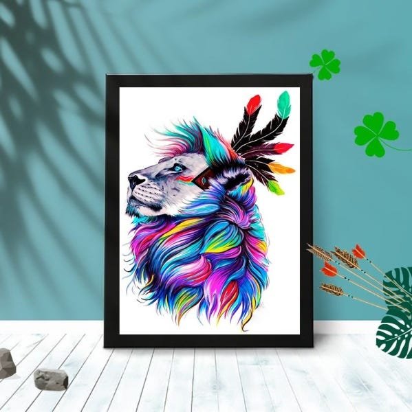 Quadro Decorativo Leão Aquarela com Moldura e Vidro 25X33:Preto ...