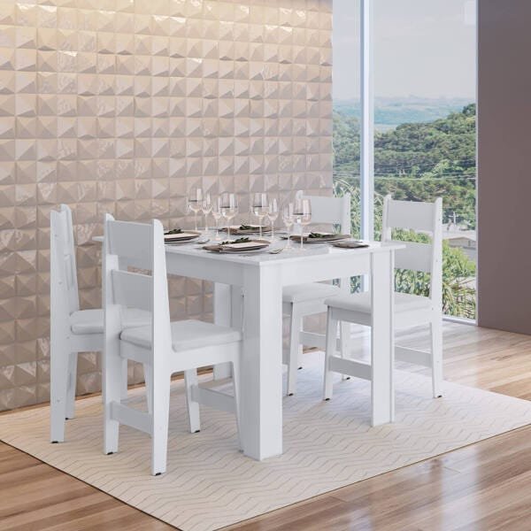 Conjunto Mesa Fixa 4 Cadeiras MDF Milano Branco Lilies | MadeiraMadeira
