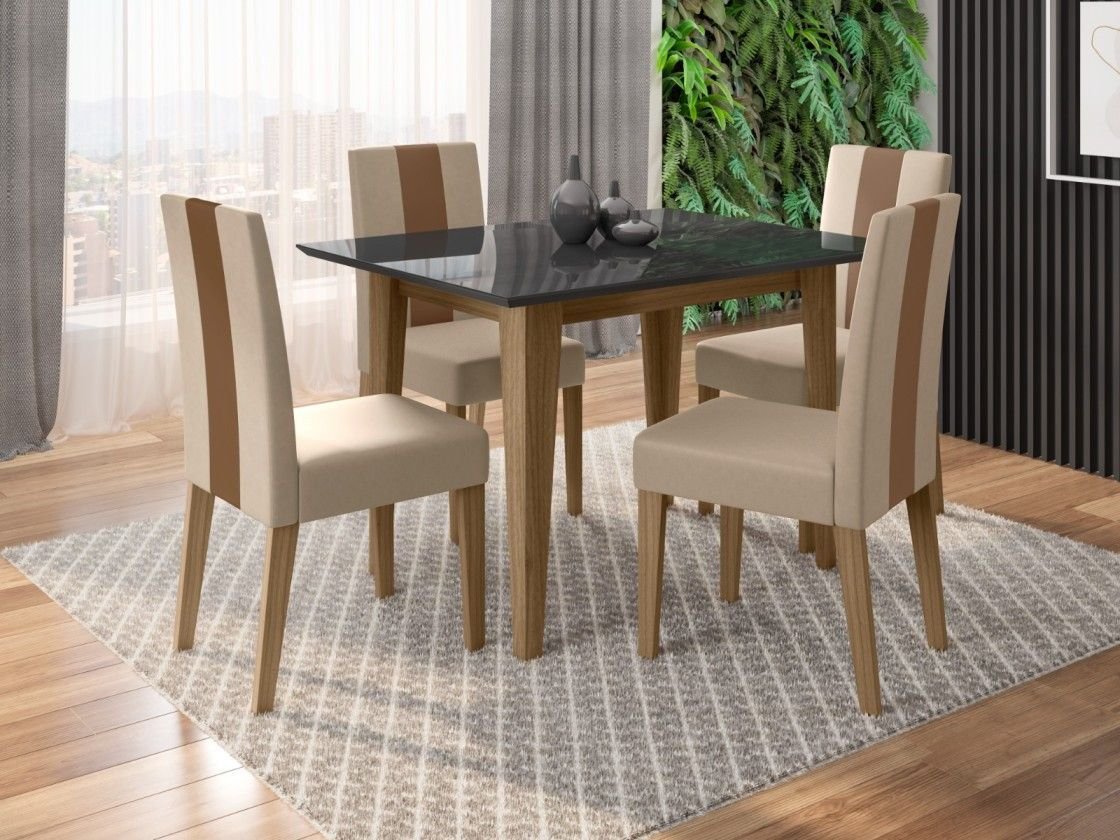 Mesa de Jantar Kate C/vidro Retangular 120cm com 4 Cadeiras Carvalho Grafite - Poliman Móveis ...