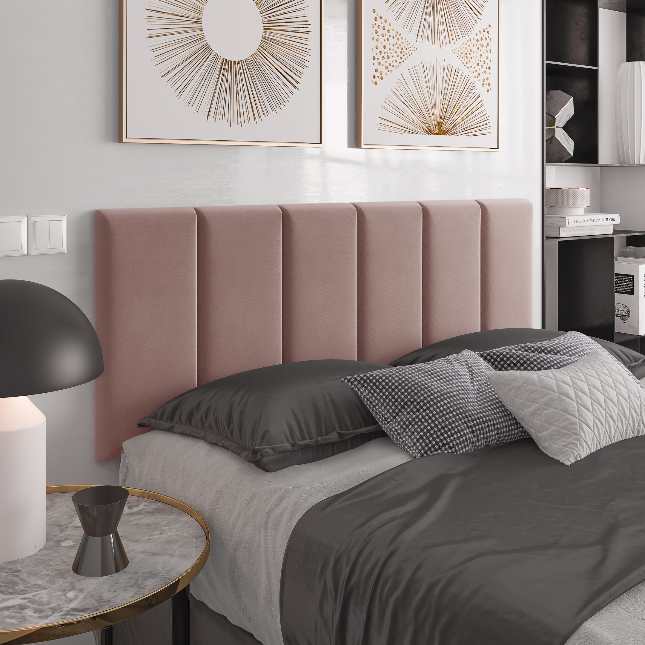 Painel De Cabeceira Para Cama Casal Box Riscadinha 1,40 - Tecido Suede Rose | MadeiraMadeira