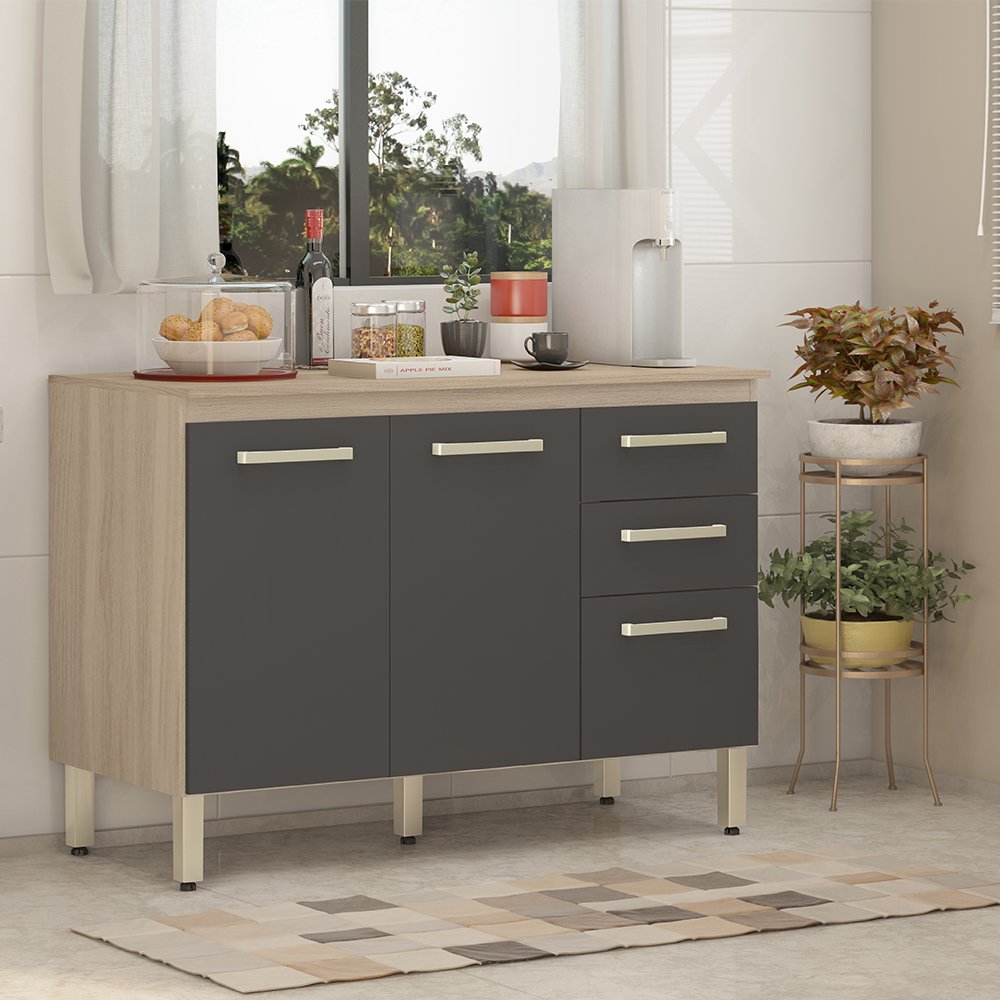 Balcão Armário Multiuso com Tampo 120 cm 3 Portas Avena/ Gravito - Bela ...