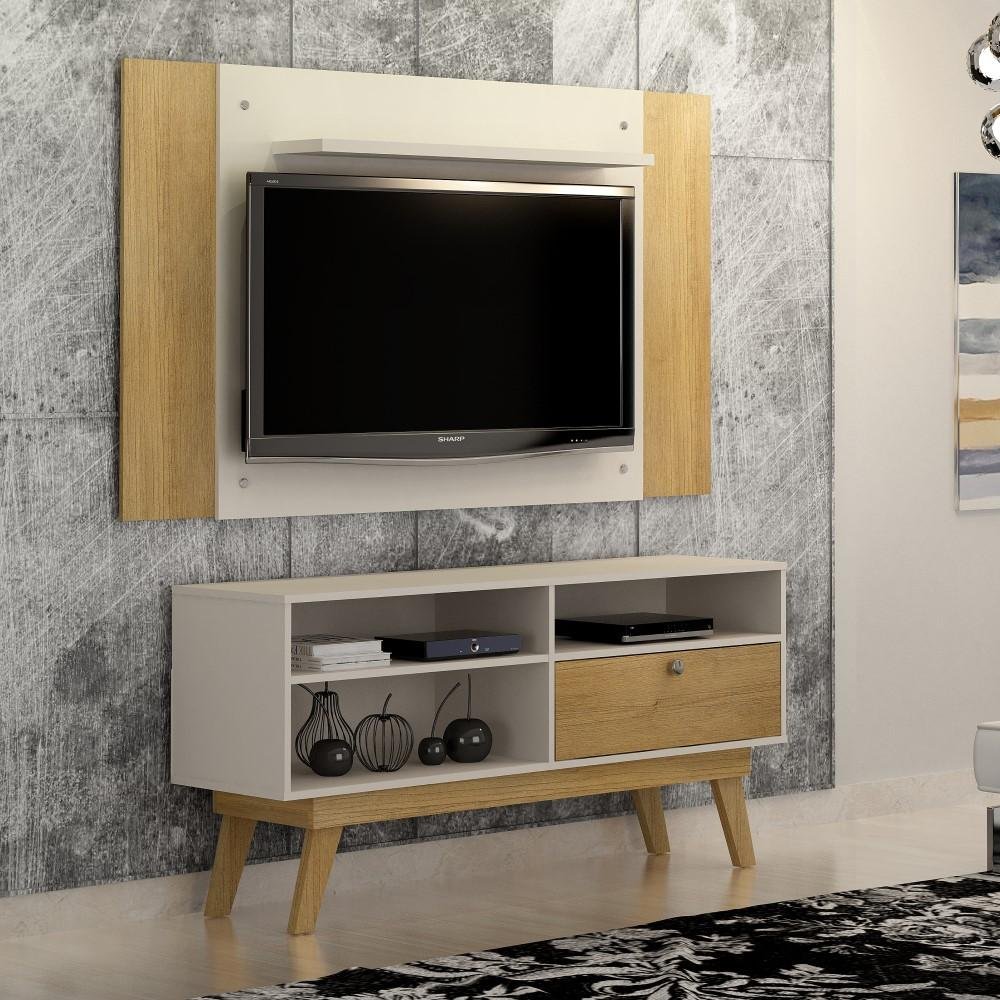 Rack Com Painel Home Para TV 50 Polegadas Sala De Estar Quarto 1 Porta MDF Marrom Madeira Off ...