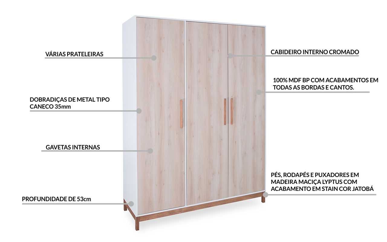 Guarda-Roupa Roupeiro Mdf e Madeira Maciça 3 Portas Branco e Faia ...