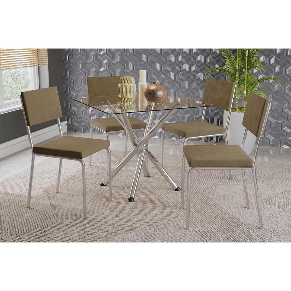 Sala de Jantar Completa Volga Tampo de Vidro 90cm e 4 Cadeiras Zaria ...