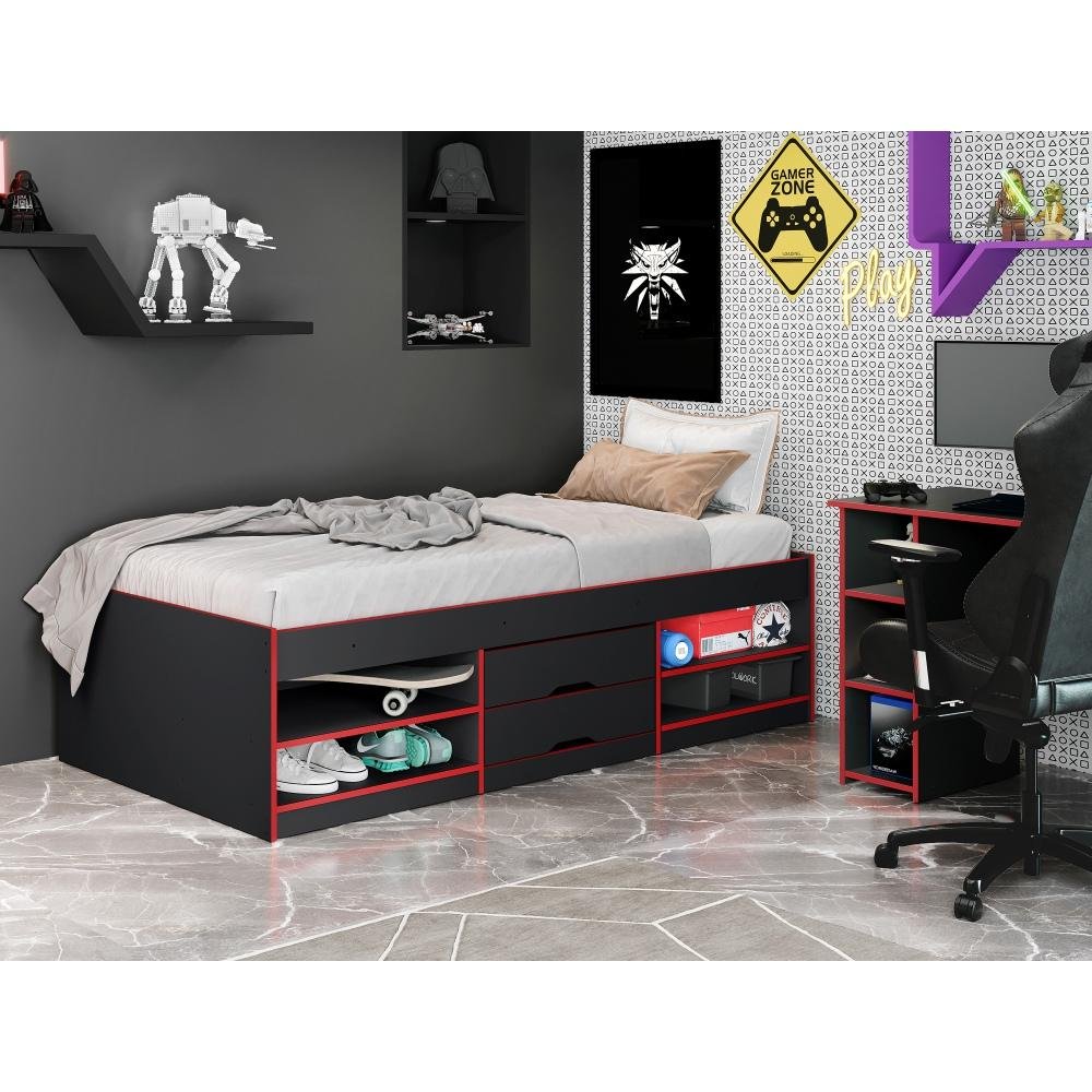 Cama Gamer Hero Com Gavetas Preto/vermelho | MadeiraMadeira