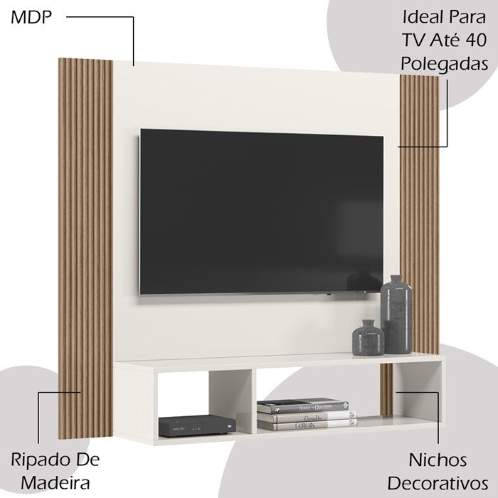 Painel Para TV 40 Polegadas 13949 Off White Cristal Ripado Madeira Dmad | MadeiraMadeira