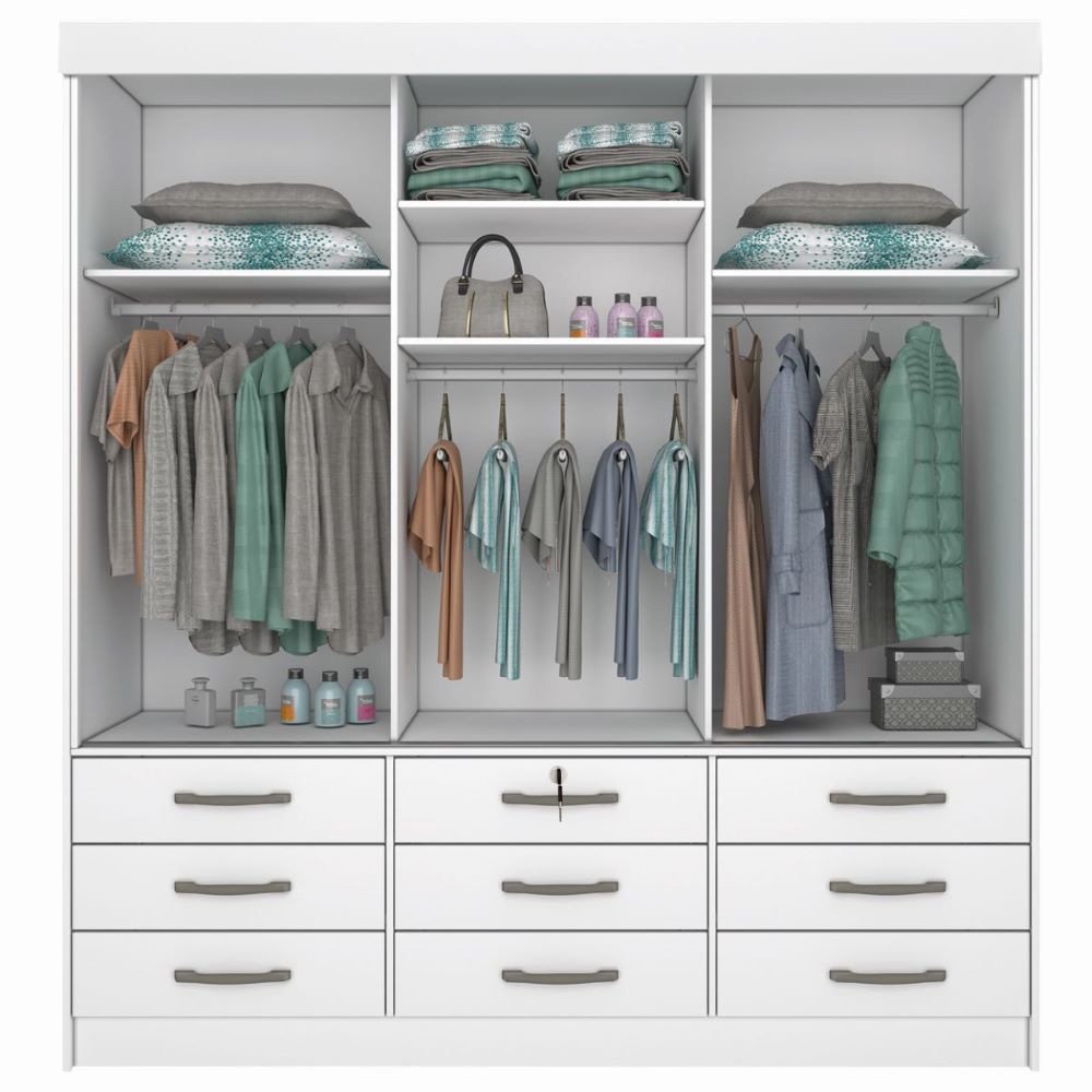 Guarda Roupa Chicago 3 Portas 9 Gavetas Com Espelho e Pés Tcil:Branco ...