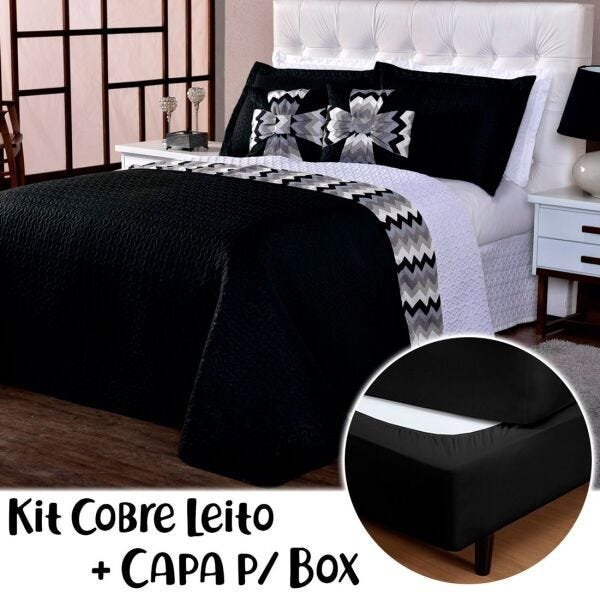 Kit Combo Cobre Leito + Capa para Box Chevron Preto/Branco Queen 08 ...