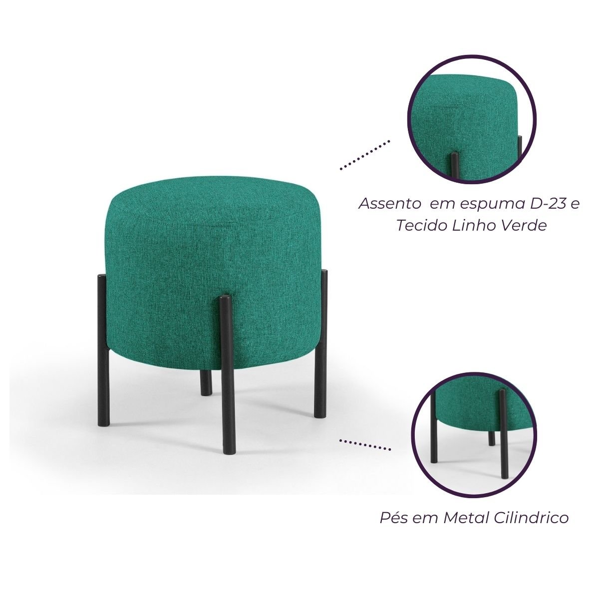 Puff Redondo Liverpool de Linho Pés de Ferro - Verde | MadeiraMadeira