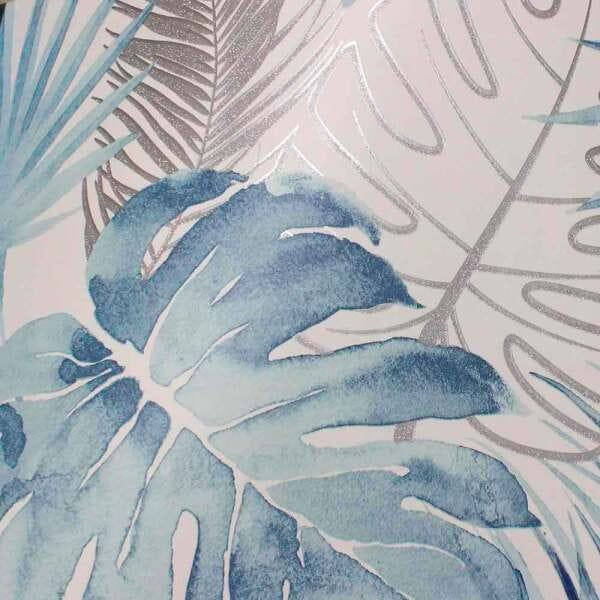 Papel de Parede Lavável Folhas Folhagem Azul + Cola Para Aplicação ...