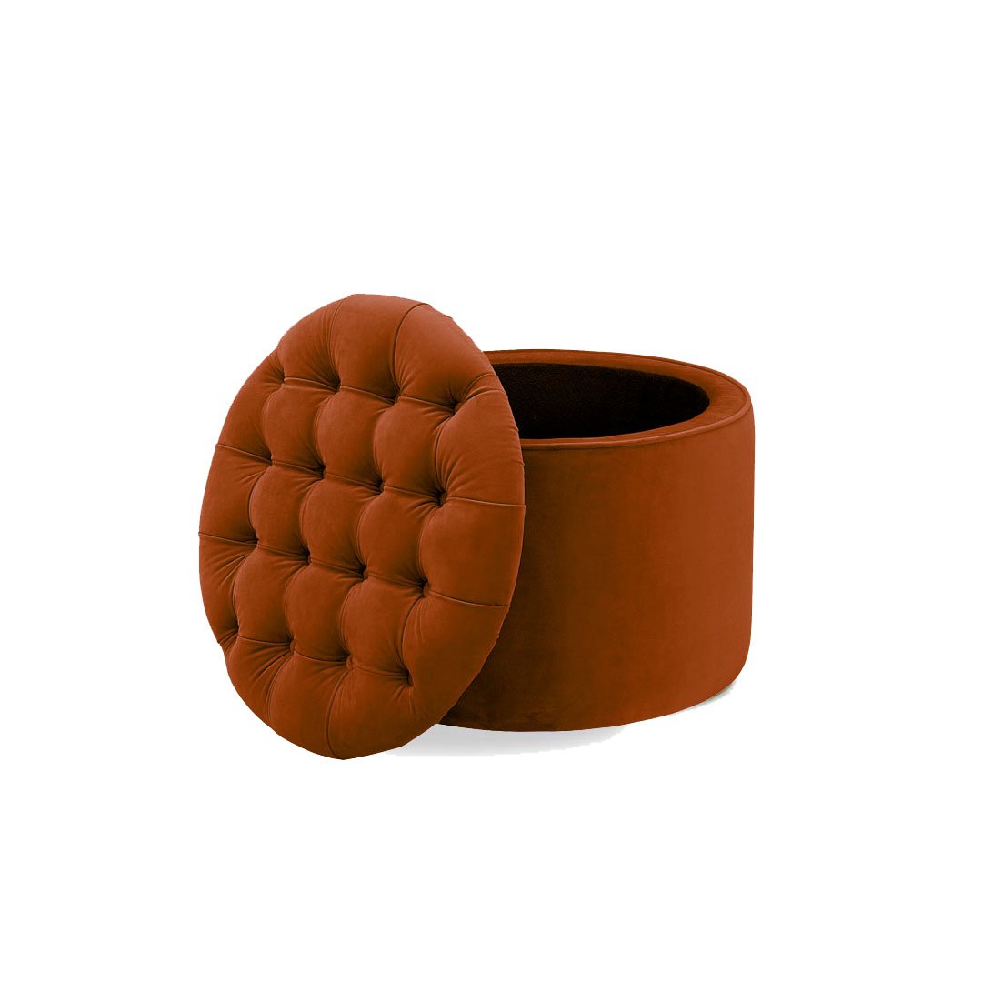 Puff Baú Minimalista Yara Redondo Veludo Terracota | MadeiraMadeira