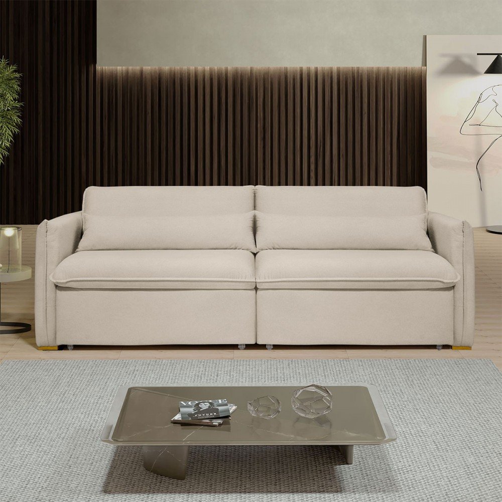 Sofá Cama 3 Lugares Aurora Retrátil Boucle Bege - Celflex | MadeiraMadeira